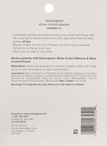 Neutrogena Shine Control Mattifying Face Powder for Oily or Combination Skin, Lightweight & Oil-Absorbing Powder with Rice Protein, Compact with Application Sponge, Invisible 10,.37 oz.