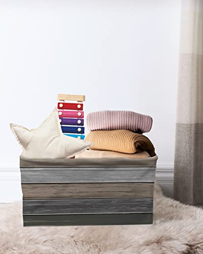 Beige Grey Ombre Storage Bins 1 Pack, Large Waterproof Storage Baskets for Shelves Closet, Brown Farmhouse Retro Wooden Striped Storage Basket Foldable Storage Box Cube Storage Organizer with Handles