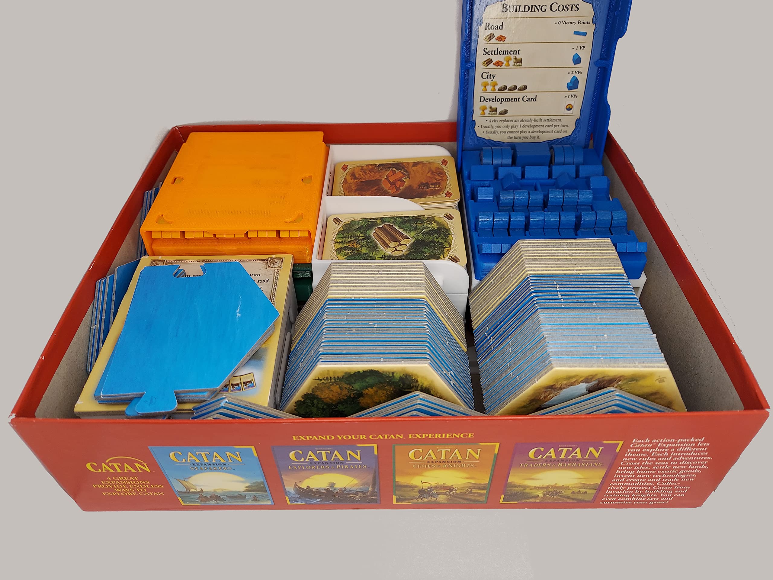 Organizer Insert Compatible with Catan Base Game, Seafarers, and Both 5-6 Player Extensions with Player Trays and Card Holder - White Hexes Holder/Card Tray