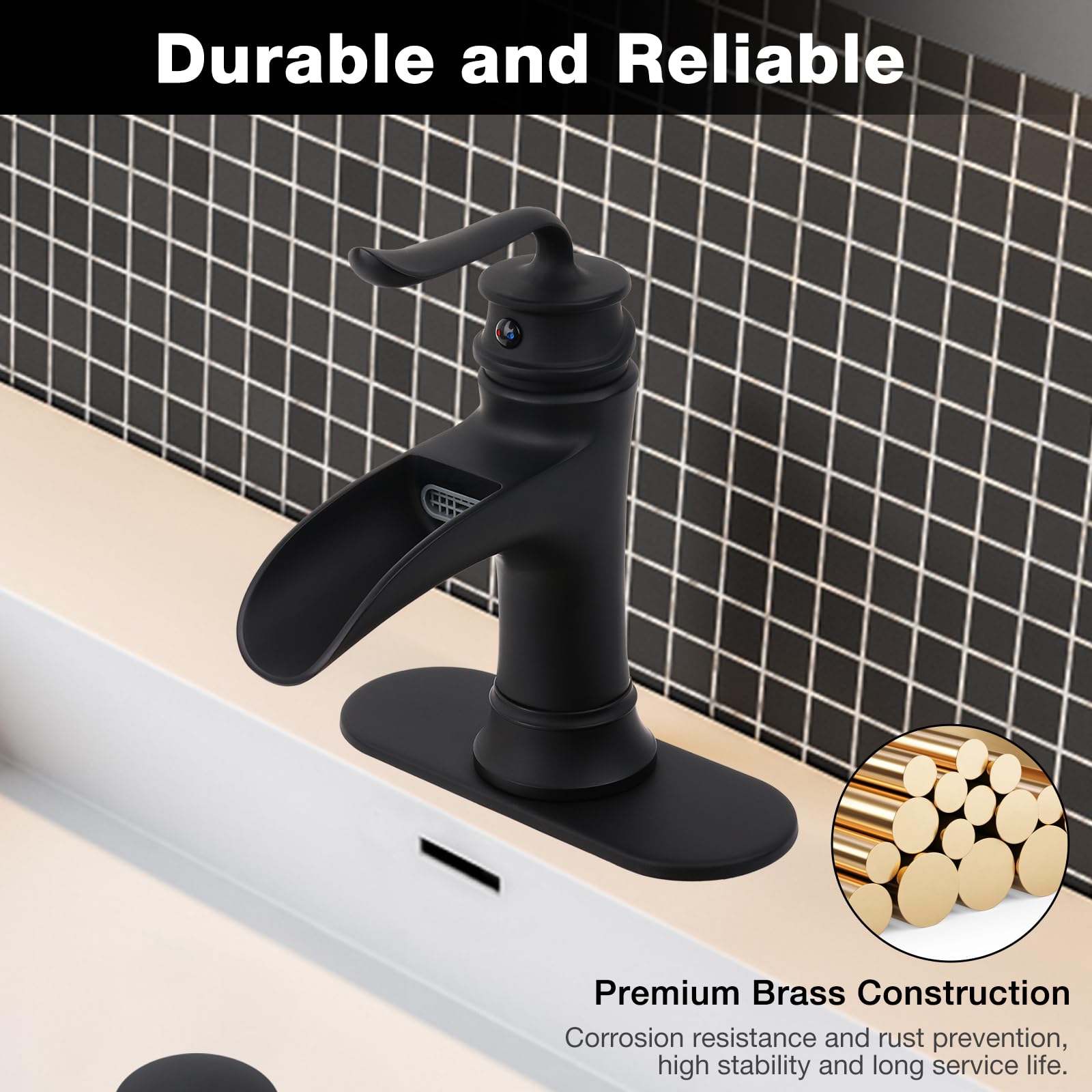M OUDEMEI Solid Brass Waterfall Spout Bathroom Sink Faucet, Single Handle Lavatory Faucet with Deck Plate for 1 OR 3 Hole, 4 Inch Centerset Vanity Faucet (with Drain, Matte Black)