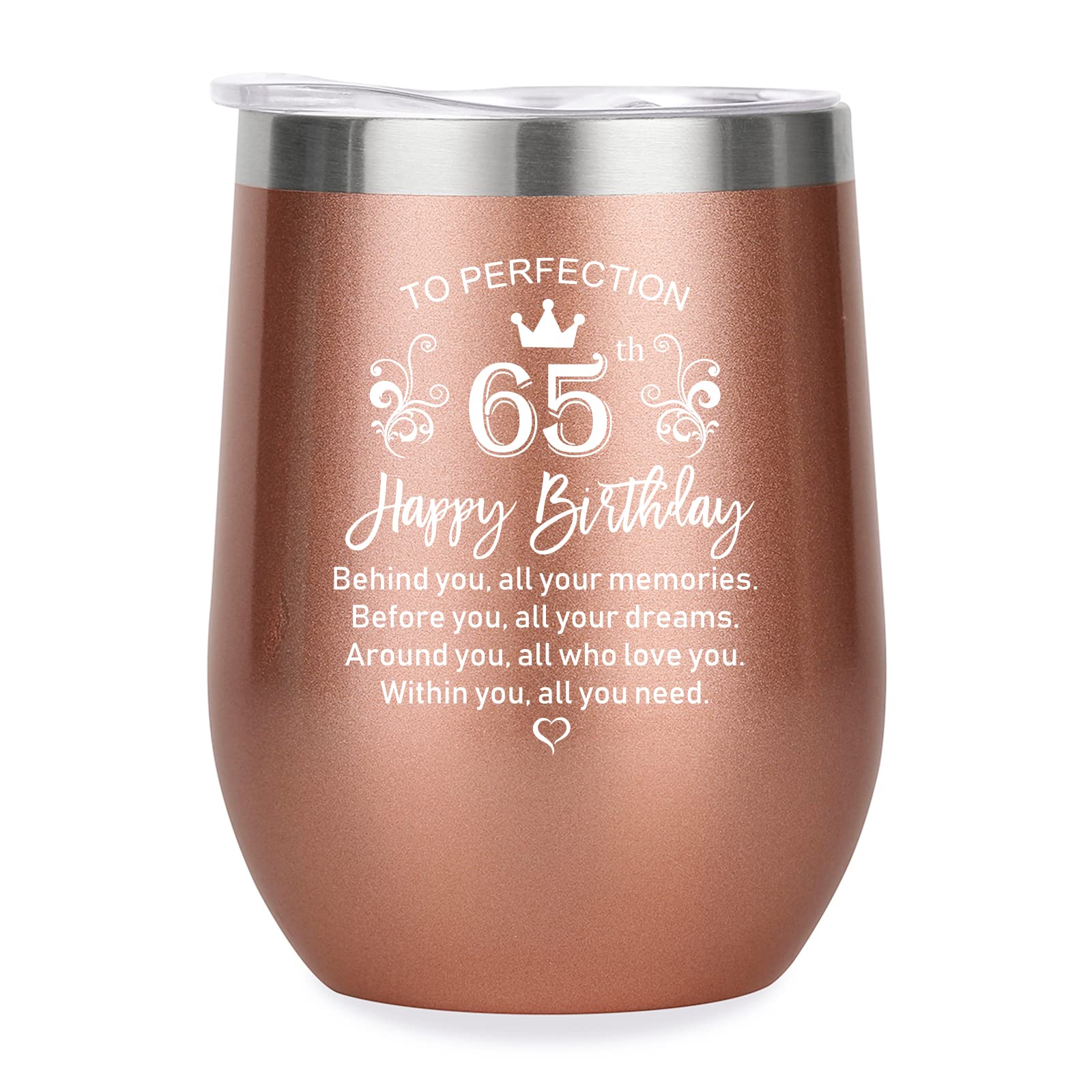 65th Birthday Gifts for Women, Happy 65th Birthday Decorations for Her, Funny 65 Year Old Birthday Gift Ideas for Woman, Mom, Sister, Grandma, Friends - 12oz Stainless Steel Insulated Wine Tumbler