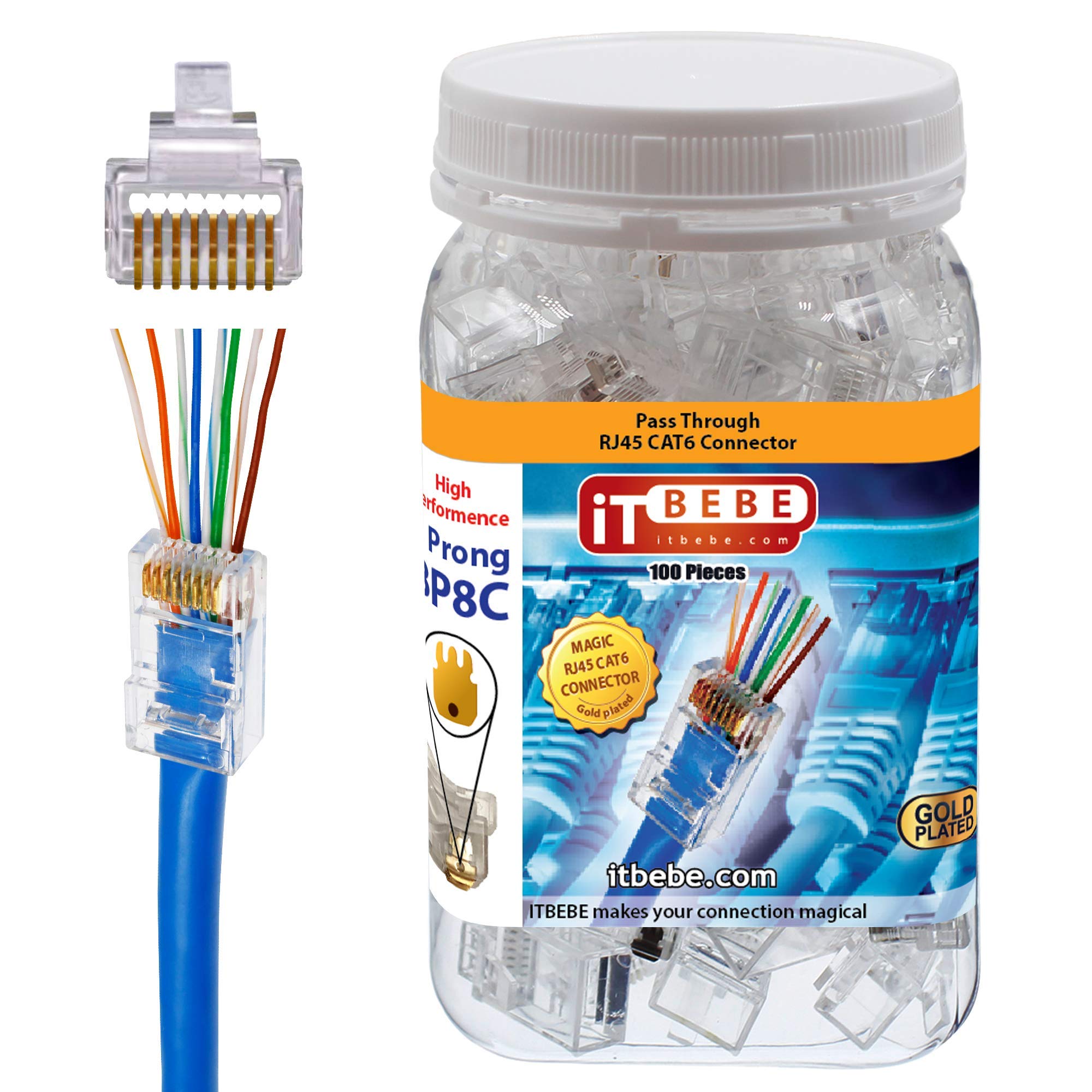 ITBEBE 100-Pack RJ45 Pass Through Connector | Cat 6 Connectors for High-Speed Data | Pass Through RJ45 with Gold-Plated Contacts | Universal Compatibility | Simplified Termination | Professional-Grade
