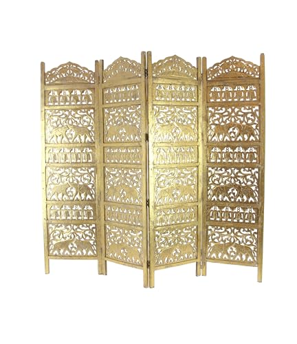 Deco 79 Wooden Scroll Handmade Partition Room Divider Screen Hinged Foldable Partition 4 Panel Privacy Screen with Carved Elephant Accents, Room Partition 80" x 1" x 72", Gold