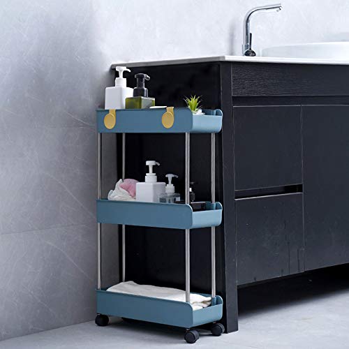 Melody House 3-Tier Slim Mobile Shelving Unit on Wheels, Slide Out Rolling Bathroom Storage Organizer, Utility Carts Shelf Rack for Kitchen Bathroom Laundry Room Narrow Places, Navy Blue