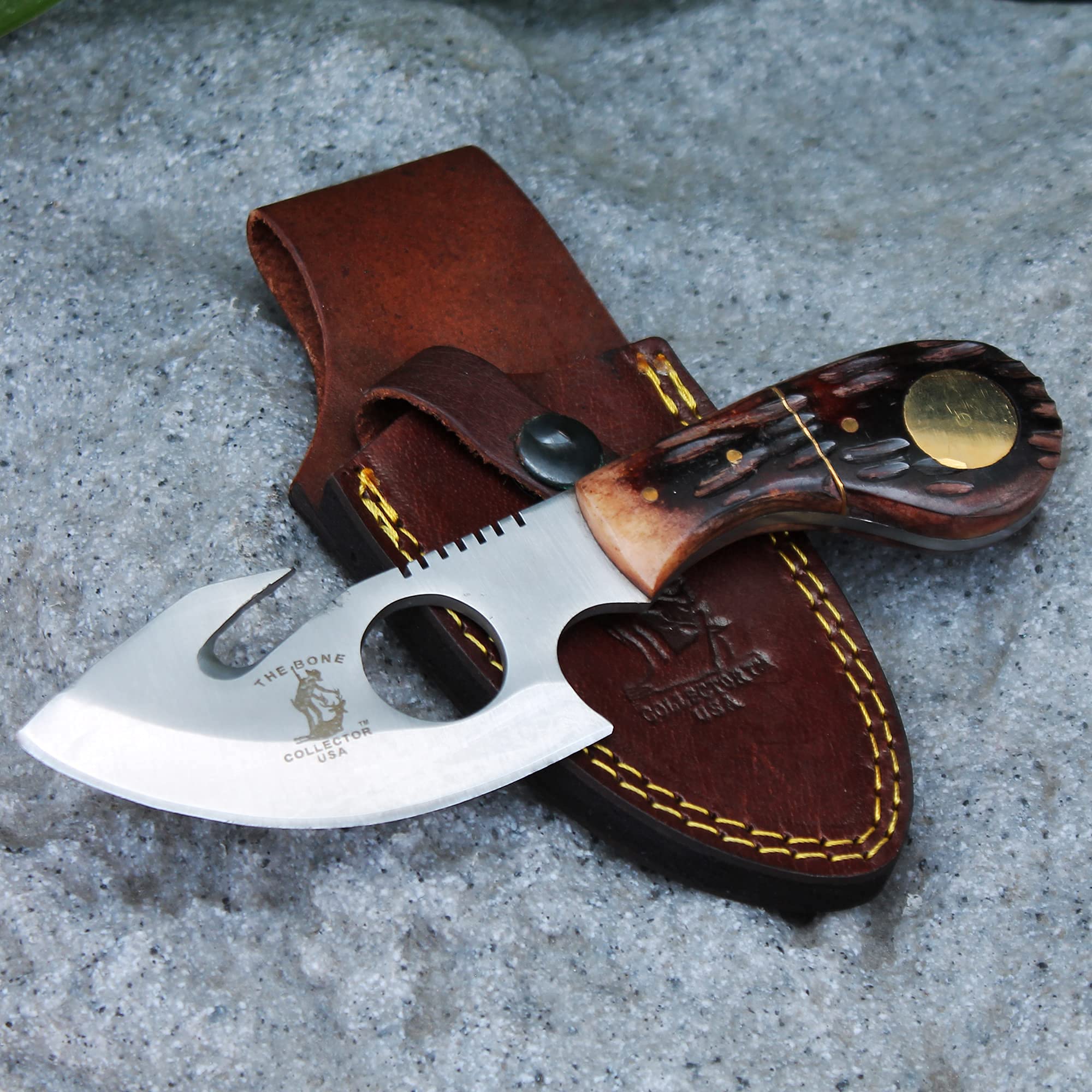 Bone Collector Knife BC-794 Fixed Blade Skinning Knife with Leather Sheath, 7" L