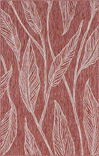 Unique Loom Outdoor Botanical Collection Area Rug - Leaf (5' 1" x 8' Rectangle, Rust Red/ Gray)