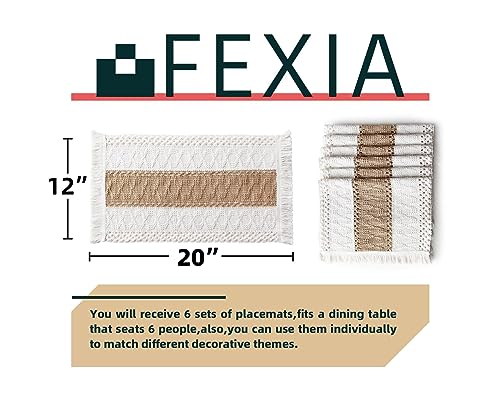 Fexia Boho Placemats Set of 6, Macrame Table Decor and Farmhouse Style Placemats Natural Cotton Burlap, for Dining Table Kitchen