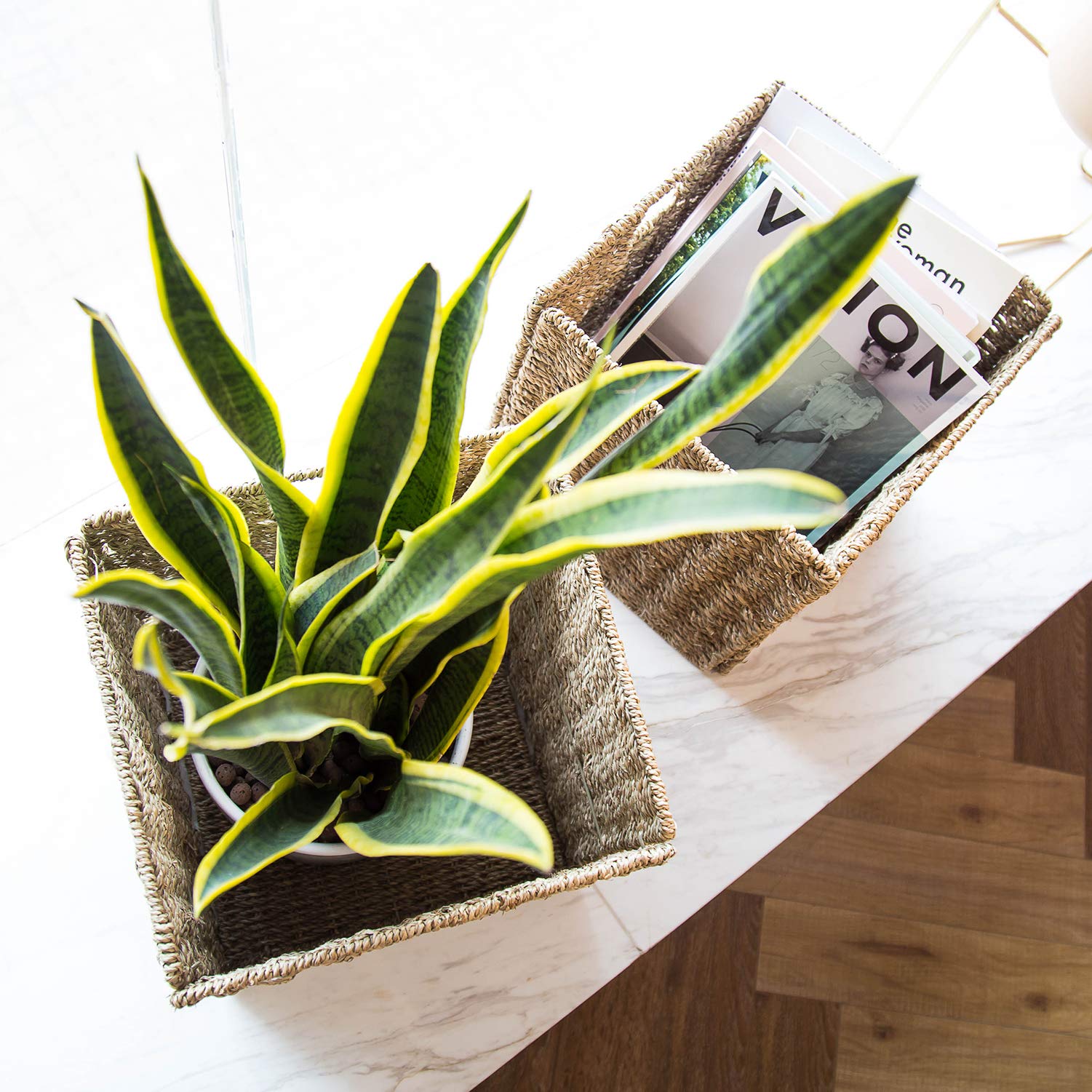 StorageWorks Rectangular Wicker Baskets for Shelves, Natural Seagrass Storage Baskets with Linings, 2-Pack