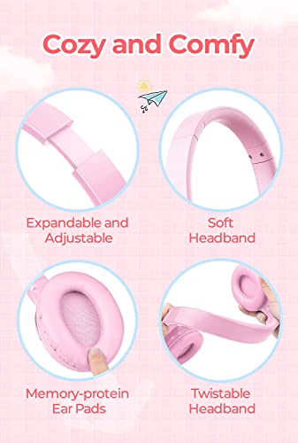 E5 Kids Wireless Headphones with Microphone, Bluetooth 5.0 Over Ear Wireless Kids Headphones with Volume Control 85dB/93dB, 40H Playtime,Sharing Function,for School/iPad/Tablet/Boys/Girls (Pink)