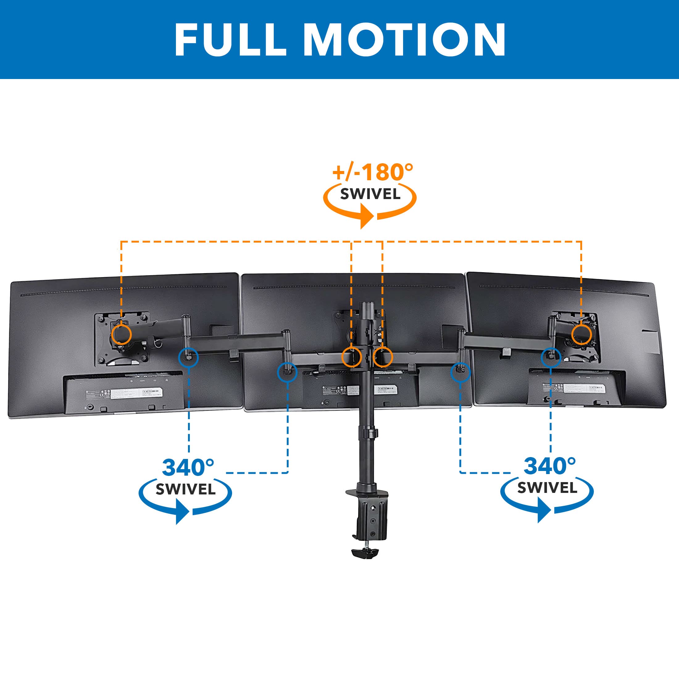 Mount-It! Triple Monitor Mount 3 Screen Desk Stand for LCD Computer Monitors for 19 20 22 23 24 27 Inch Monitors VESA 75 and 100 Compatible Full Motion, 54 lbs Capacity (MI-1753),Black