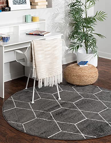 Unique Loom Trellis Frieze Collection Area Rug - Geometric (4' 1" Round, Dark Gray/ Ivory)