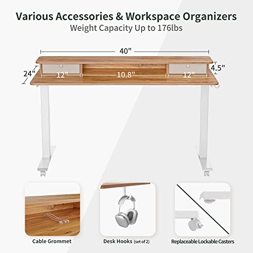 FEZIBO Height Adjustable Electric Standing Desk with Double Drawer, 40 x 24 Inch Stand Up Table with Storage Shelf, Sit Stand Desk with Splice Board, White Frame/Light Rustic Brown Top