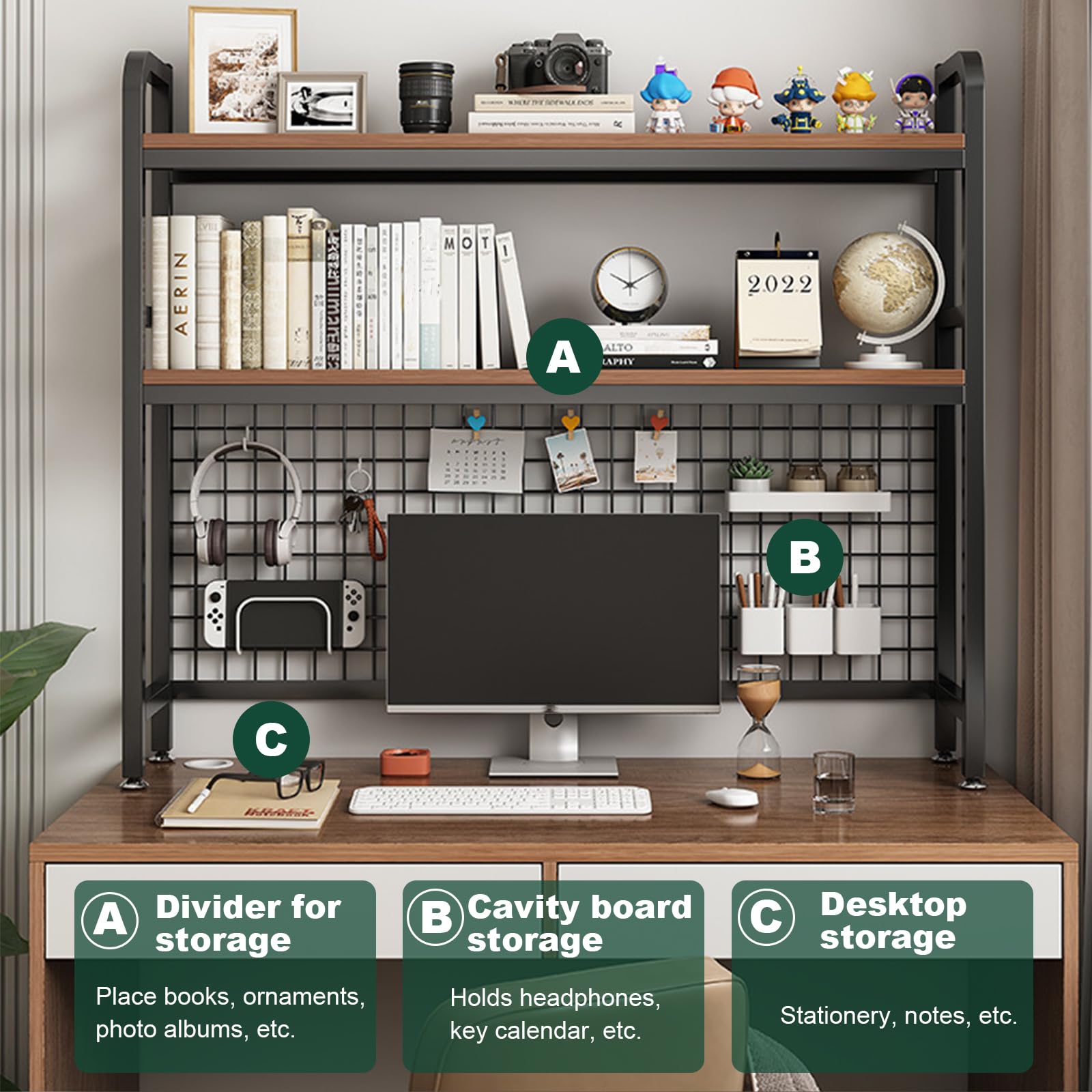 Desktop Bookshelf for Computer Desk, 2-Tier Multipurpose Wood Countertop Bookshelf, Wooden Desktop Bookcase, Multipurpose Desktop Shelf Bookcase for Dorm Office Home.