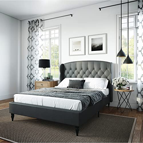 DeCoro Coventry Upholstered Platform Bed | Headboard and Metal Frame with Wood Slat Support | Grey, Queen Size