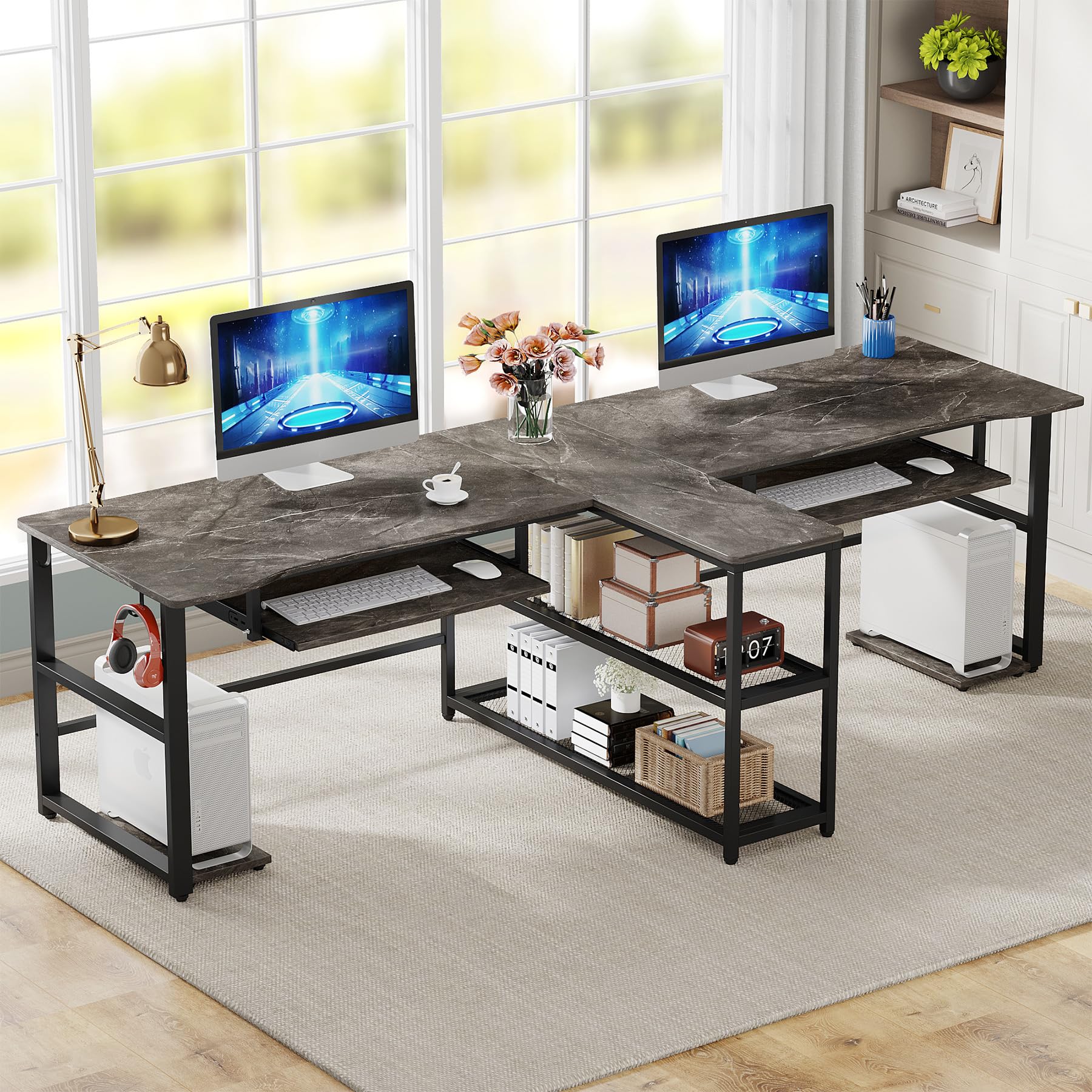 Tribesigns 94.5 inch Two Person Desk with Keyboard Tray, Extra Long Home Office Desk with Storage Shelves and Hooks, Double Computer Desk Workstation Study Table for Two People
