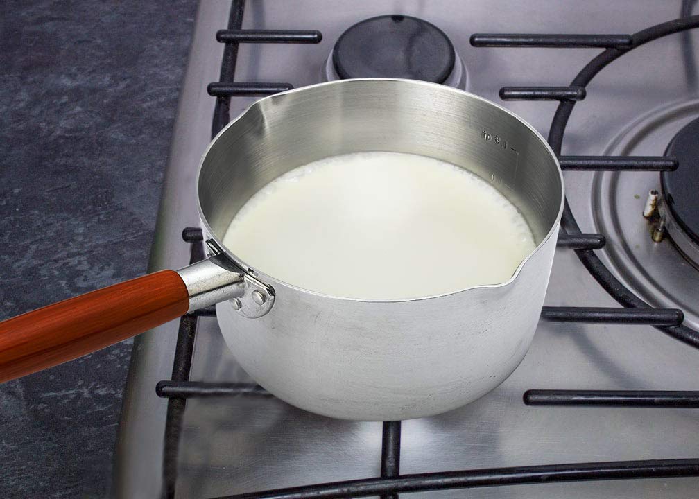 Bene Casa - Aluminum Double Spout Saucepan with Natural Wooden Handle (13" x 3.5" - 2 Quart) - Handle Includes Hanging Loop for Simple Storage - Dishwasher Safe