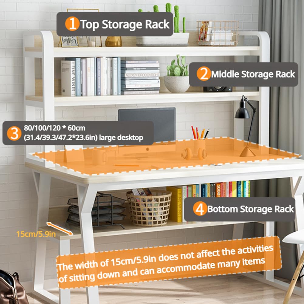 Large Computer Desk with 3-Tier Storage Shelves, Office Desk Study Table Writing Desk Workstation with Bookshelf for Home Office (Wood Color, 39inch)