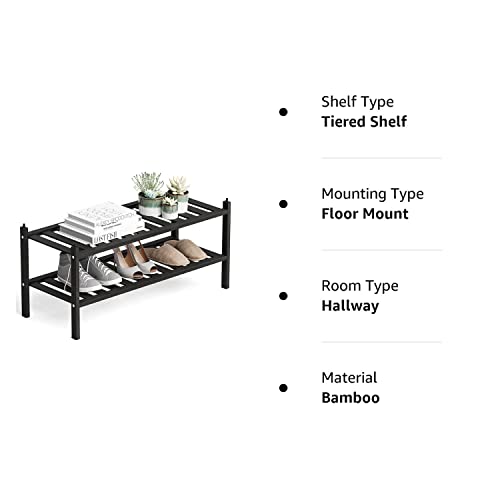 Dranixly Shoe Rack, 2-Tier Bamboo Stackable Shoe Shelf Storage Organizer, Shoe Stand for Closet, Entryway and Hallway (Black)