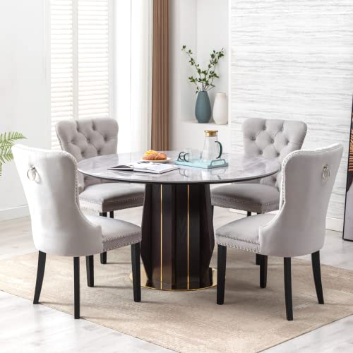 CIMOO Velvet Upholstered Dining Chairs Set of 4 Comfortable Tufted Chair Modern Armless Chairs with Button, Nailhead Trim, (Grey, Ring on The Back)