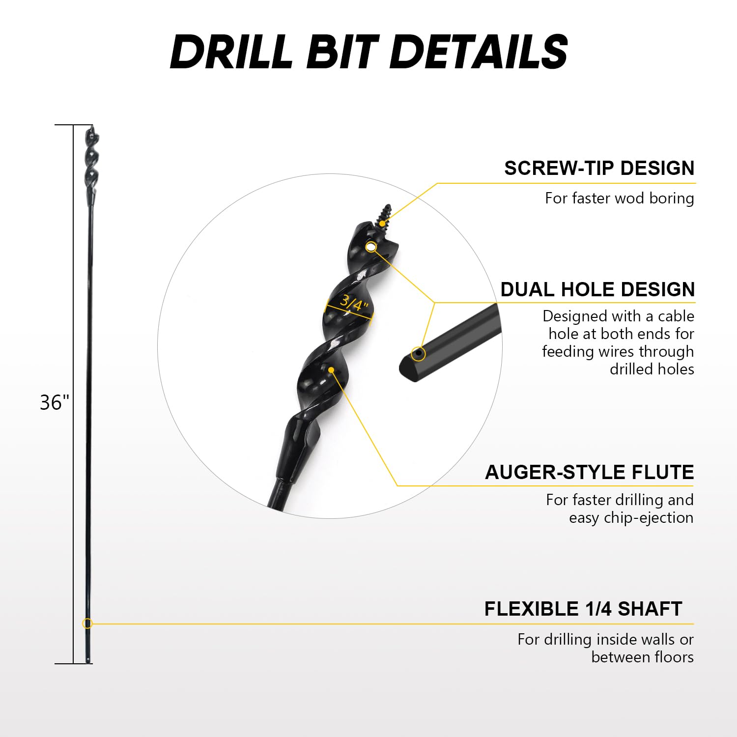 Installer Drill Bit Fish Bit for Pulling Wire Through Tight Spaces with Minimal Damage 3/4-Inch by 36-Inch 1 Pack