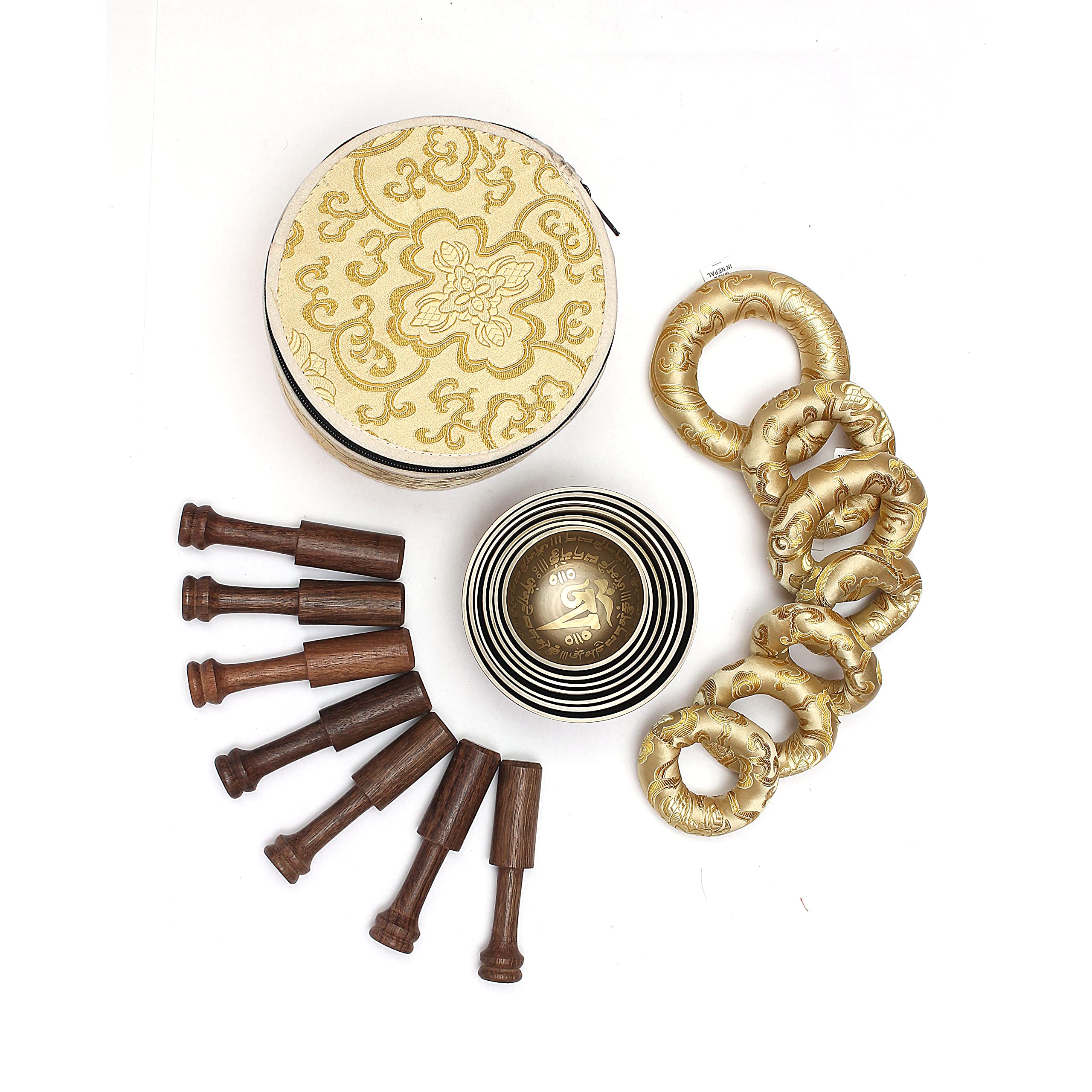 ESK GROUP Tibetan Singing Bowl Set of 7, 3β- 5.2β Om Mane Padme Hum Singing Bowl, Himalayan Singing Bowl, Handmade, w/ silk cushions, 7 sticks, Flag and Silk Brocade Box, ESK-06