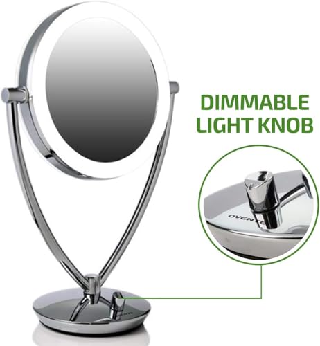Ovente 8" Lighted Tabletop Makeup Mirror with 1X/10X Magnification, Double-Sided Magnifying Vanity Mirror, Dimmable LED Lights, 360° Swivel Design and Dual Power Supply, Polished Chrome MLT75CH1X10X
