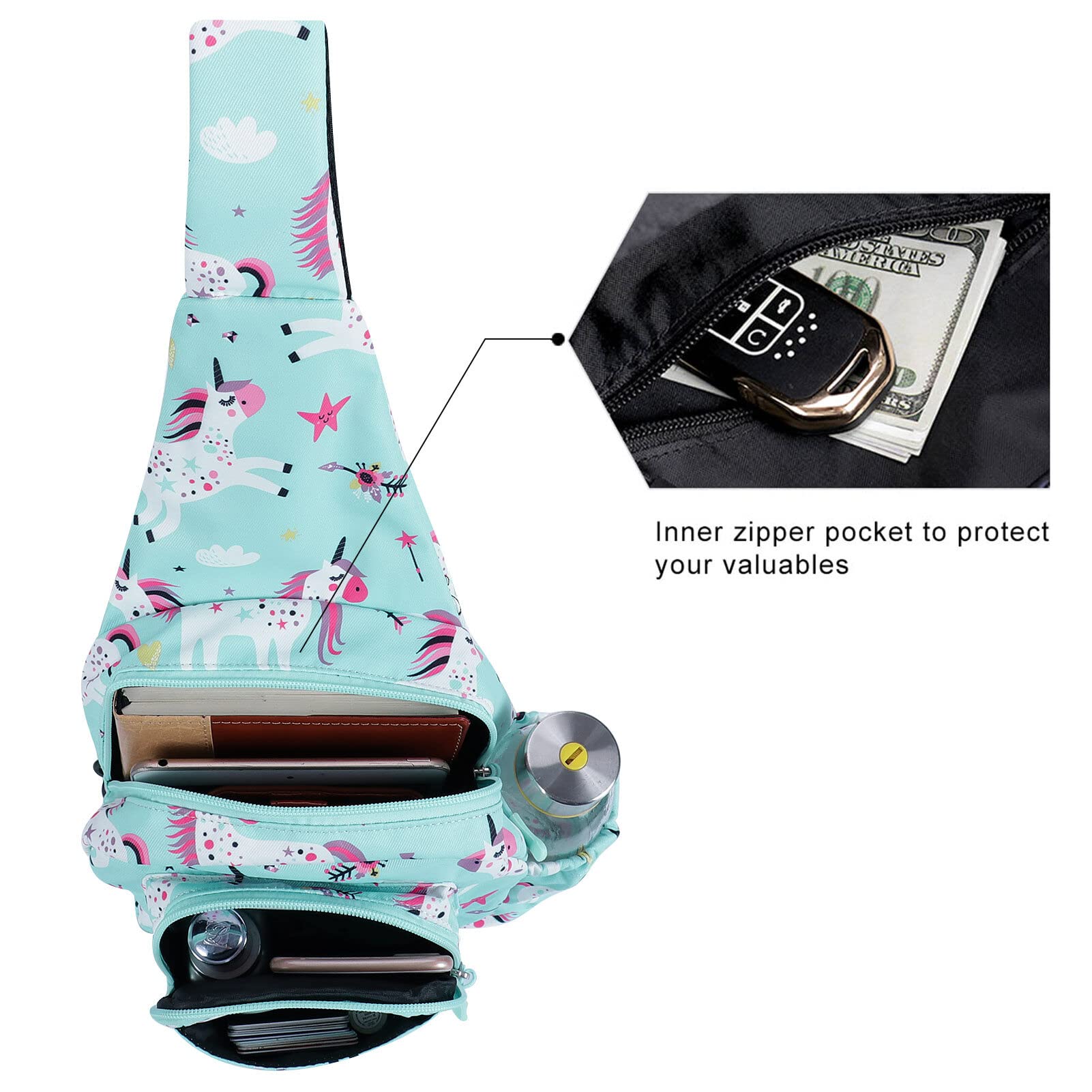 Abberry Unisex Sling Bag Small Crossbody Shoulder Backpack Outdoor Casual Back Pack for Adult(Blue+Pink Unicorn)
