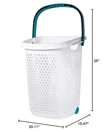 AYOYZ Wheeled Design Clothes Laundry Basket, 70.52 Liter Capacity,2 Bushel Rolling Plastic Laundry Hamper with Pop-up Handle, White