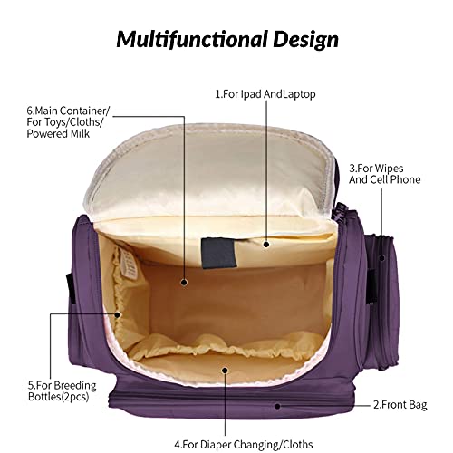 insular Diaper Bag Backpack, Multi-Function Travel Back Pack, Waterproof Changing Bag for Mom Girls, Large Capacity Baby Bag with Stroller Straps and Changing Pad, Purple