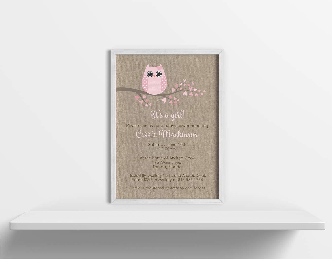 Owl Baby Shower Invitations Baby Girl Pink Burlap Kraft Country Shabby Chic Barn Hoot Custom Printed Invites (12 Count)