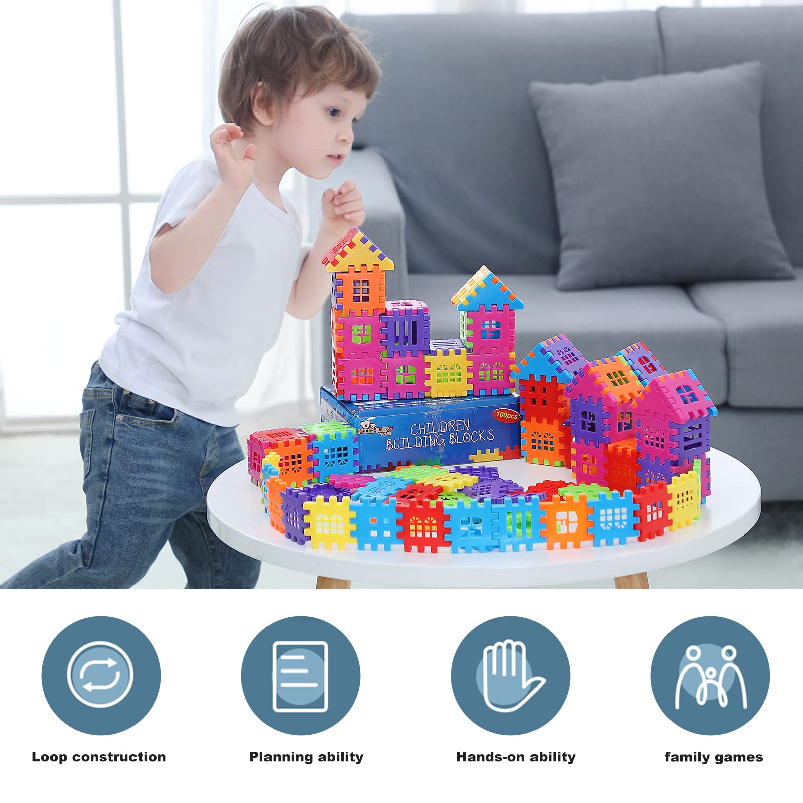 MICHLEY Toddler Toys Number Blocks Big Particle Plastic Smooth 100 PCS Building Blocks Splicing intersting Puzzle Play Toys for Kids 3+