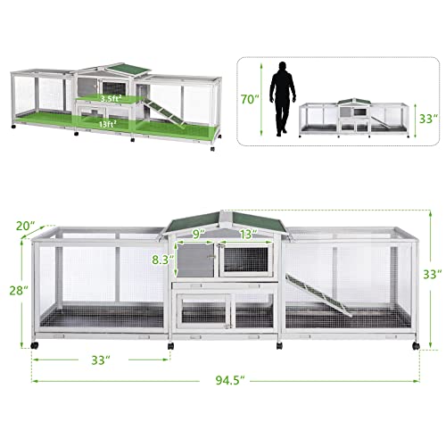 Esright Rabbit Hutch 94.5'' Bunny Cage Two Run Cage Outdoor Wooden Small Animal House on Run, with Removable Tray & Anti-Slip Ramp