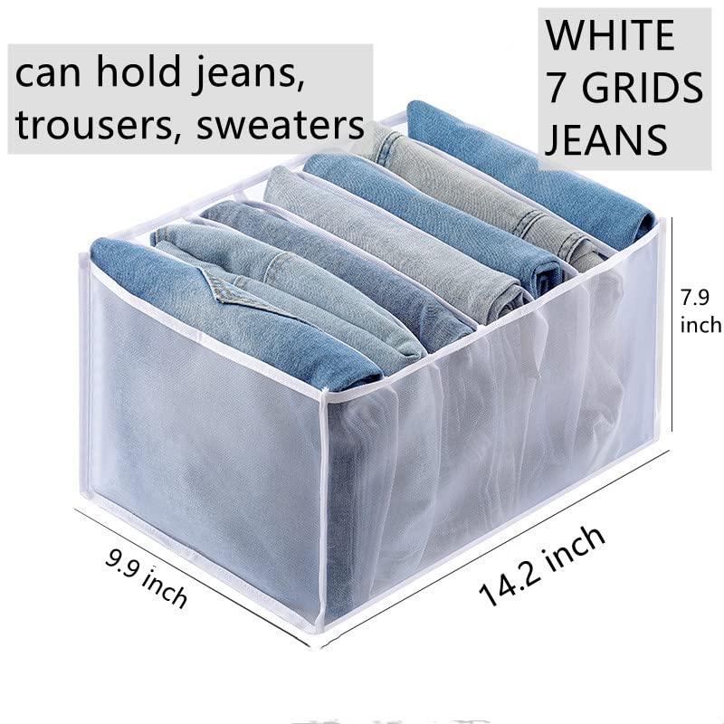 BINGC 2 PCS Washable Wardrobe Clothes Organizer , 7 Grid Drawer Foldable Visible Storage Box Jeans Compartment Divider Boxes for Jean Pants Socks Bras Ties Lingerie Scarves (14.2x9.9x7.8inch, WHITE)