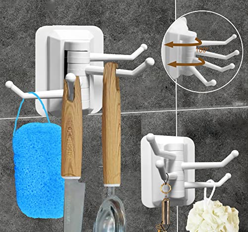 Fineget Wall Adhesive Hooks for Hanging Bathroom Kitchen Door Hooks 4 Rotatable Arms Round Heavy Duty Hooks White 2 Pairs