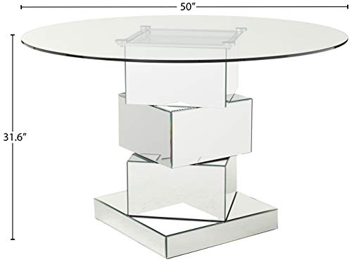 Meridian Furniture Haven Collection Modern Contemporary Mirrored Dining Table with Round Tempred Glass Top, 50" W x 50" D x 31.5" H