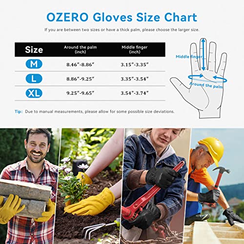OZERO Leather Work Gloves Flex Grip Stretchable Tough Cowhide Work Gloves 1 Pair (Gold, Medium)