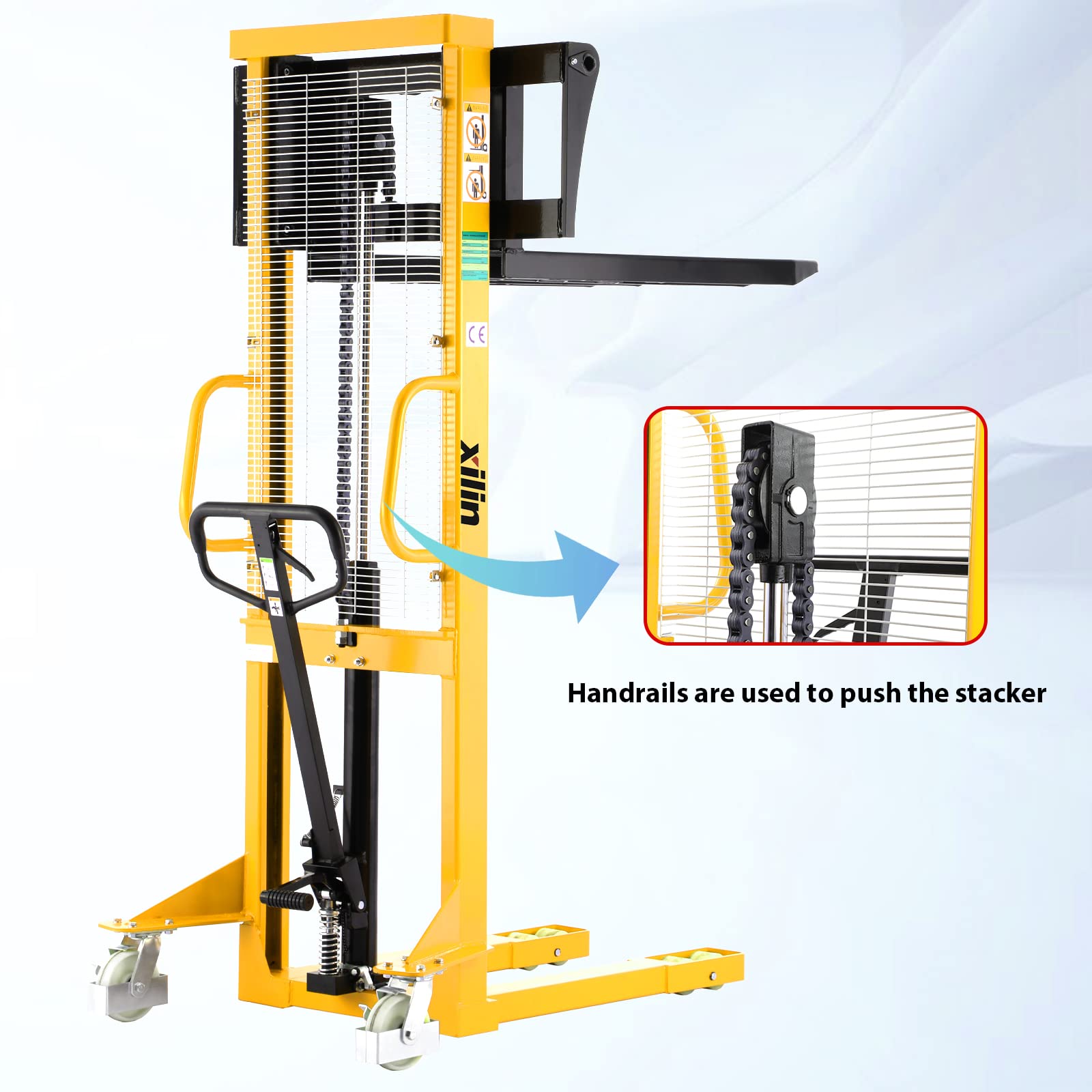 Xilin Manual Pallet Truck Stacker 2200lbs Capacity 63" Hydraulic Lift Height with Adjustable Forks and Fixed Legs Handling Tools