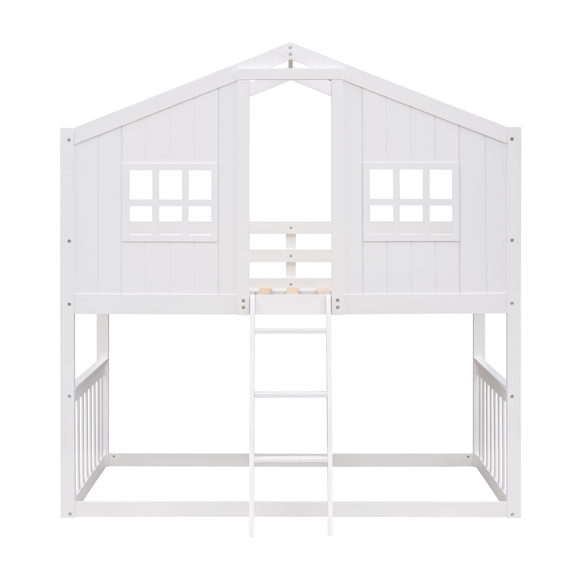 Harper & Bright Designs House Bunk Beds, Twin Over Twin Bunk Bed with Roof, Ladder and Windows, Floor Bunk Bed, Low Bunk Loft Bed for Kids Teens Boys & Girls, White