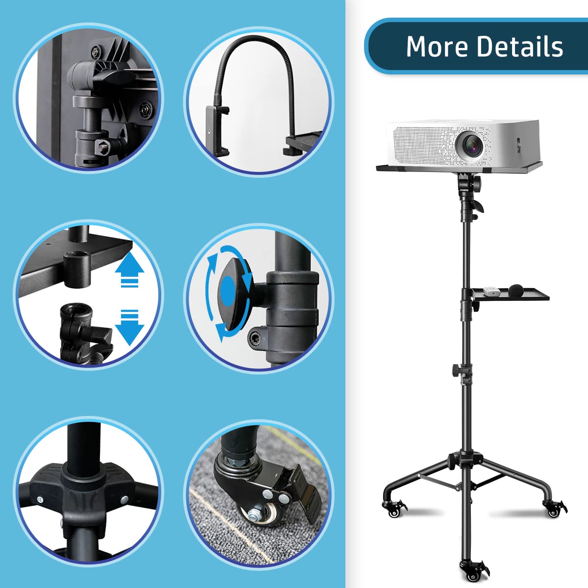 ALINBIN Projector Stand, Tripod for Projector Laptop Tripod Stand, Height Adjustable Tripod Stand from 29.5IN to 63IN. Heavy Duty Stand with Wheels and Mobile Phone Holder
