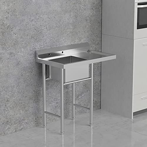 Bonnlo 304 Stainless Steel Utility Sink with Drainboard, One Compartment Workbench Sink Commercial Sink for Restaurant, Laundry Room, Backyard, Garages - Overall Size: 35.8" W x 21.3" D x 40.2" H