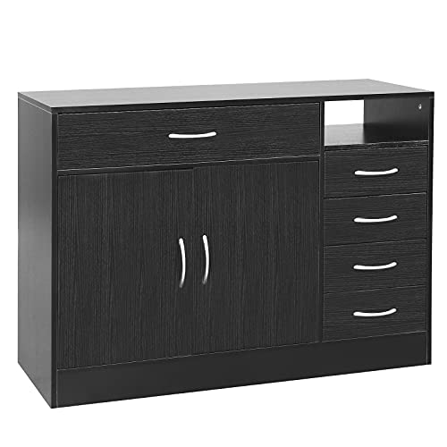 Bonnlo Storage Cabinet, 41" Wide Floor Cabinet Organizer with 5 Drawers and 2 Doors, Adjustable Shelf for Bathroom, Kitchen, Living Room, Bedroom, Laundry Room, Entryway, Office, Ample Space Black