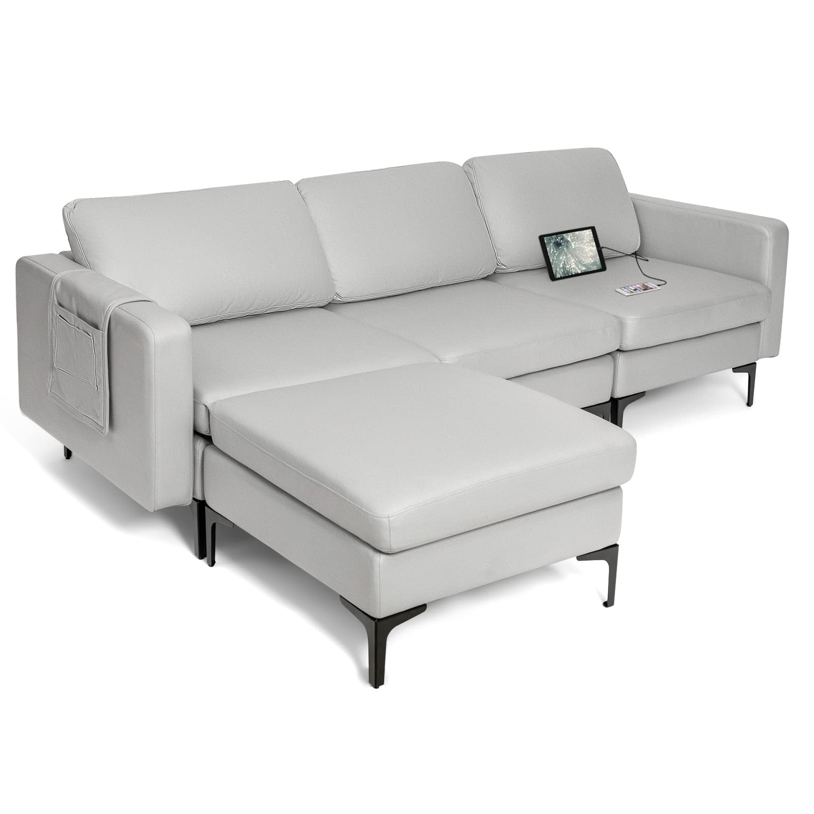 Giantex 94.5" L Convertible Sofa Couch, 3 Seat Sectional Sleeper with USB Ports & Socket, Reversible Chaise Lounge, Storage Box, L-Shaped Modular Sofa for Living Room Bedroom Office, Light Grey