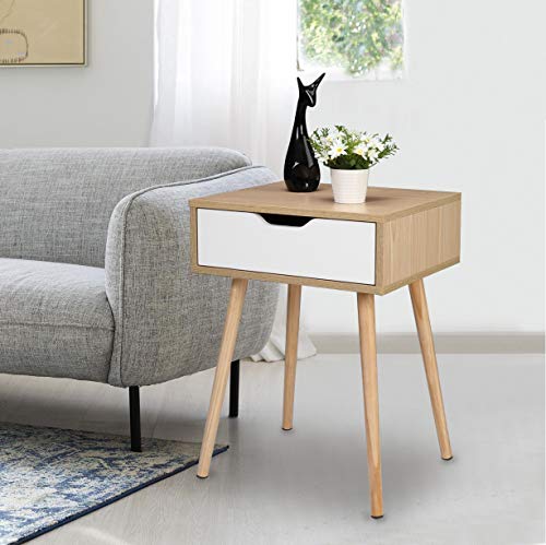 Bonnlo Wood&White Nightstands Set of 2 End Side Table with Spacious Drawer & Solid Wood Legs for Livingroom, Bedroom, Dorm
