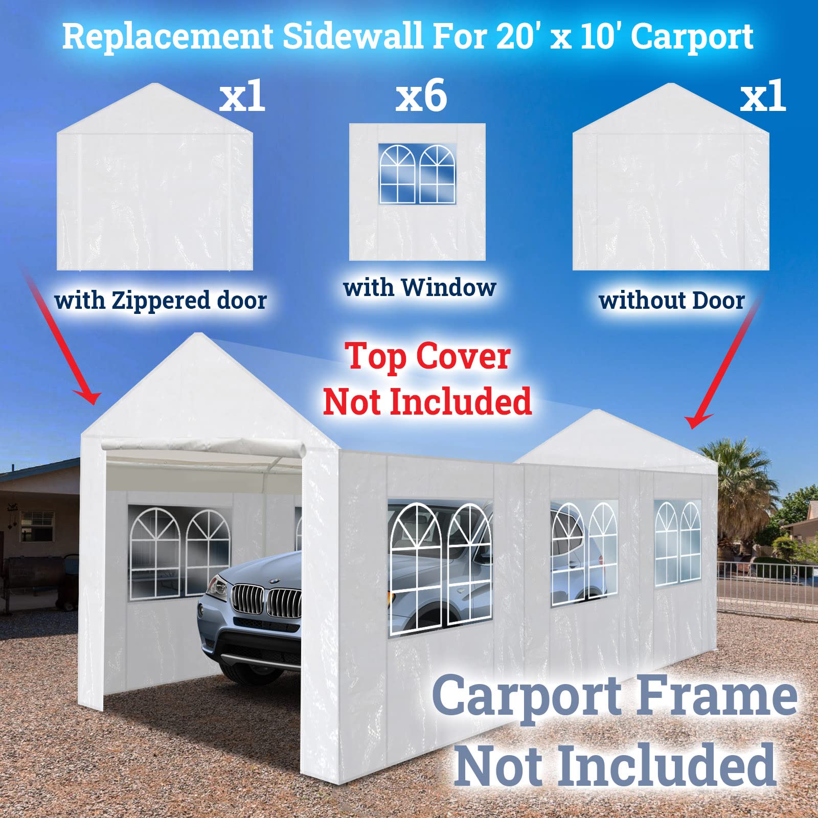 YardGrow 10'x20β Carport Sidewall only Tent Replacement Kit Enclosed Panels with 2 Sidewalls and 2 Doors, 1 Door with Zipper