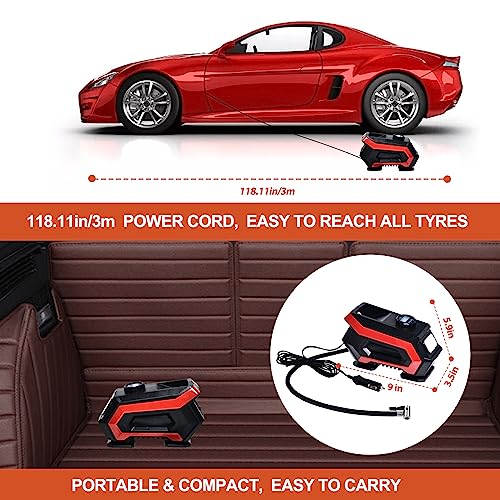 CarCome Portable Tire Inflator, Powerful 150 PSI Air Compressor with Digital Pressure Gauge and Emergency LED Light, Ideal for Cars, Bikes, Balloons (Red)