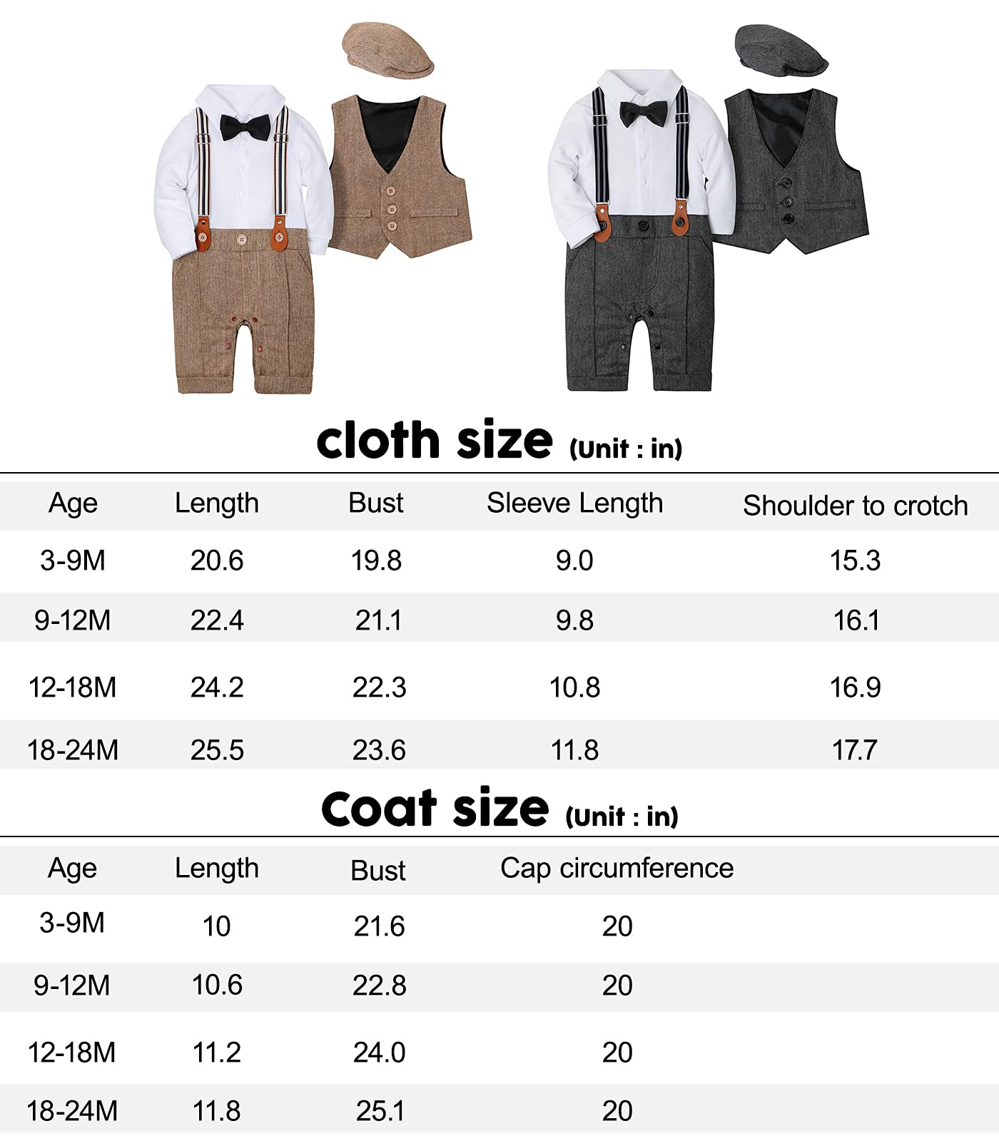 WESIDOM Baby Boy Suit Outfits Set 3pcs,Infant Tuxedo Long Sleeve Gentleman Wedding Jumpsuit & Vest Coat & Beret Hat