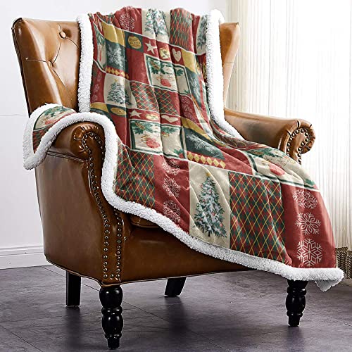 Christmas Red Plaid Throw Blanket, Soft Fluffy Sherpa Fleece Throws for Bed Sofa Xmas Tree Snowflake Print Pattern Blankets Christmas Decoration Gift for Kids Adults 50"x 60"