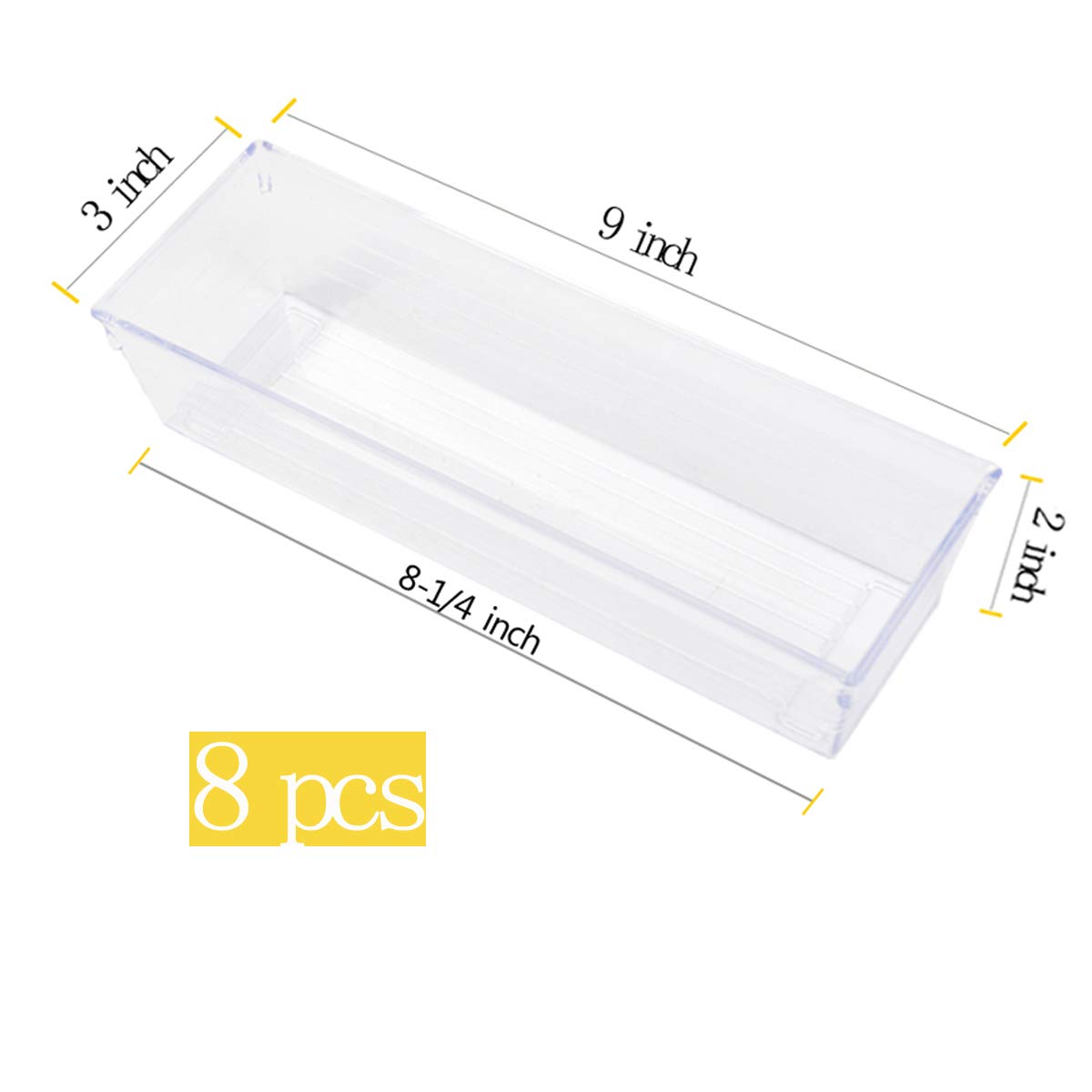 Backerysupply Clear Plastic Drawer Organizer Tray for Vanity Cabinet (9"×3"×2",Set of 8),Storage Tray for Makeup, Kitchen Utensils, Jewelries, and Gadgets