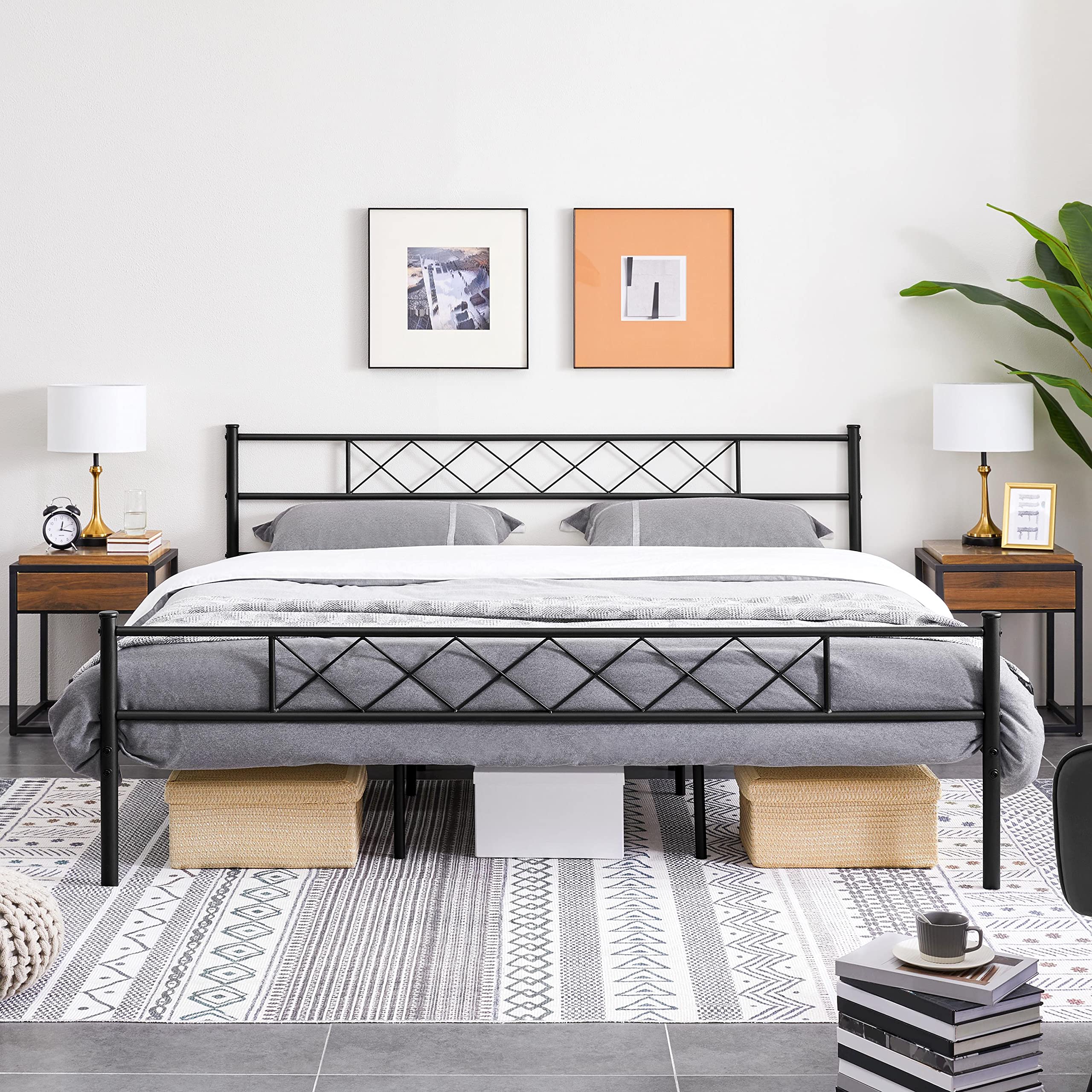 Yaheetech Metal Platform King Bed Frame Mattress Foundation with Headboard and Footboard No Box Spring Needed Under Bed Storage Steel Slats Black