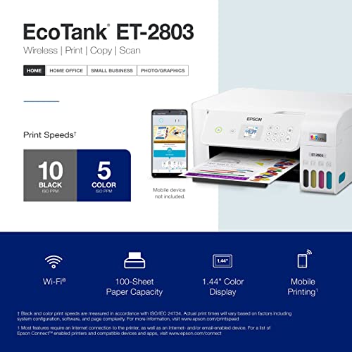 Epson EcoTank ET-2803 All-In-One Wireless Supertank Color Inkjet Printer, White - Print Scan Copy - 1.44" LCD Display, 10 ppm, 5760 x 1440 dpi, Borderless Photo Prints, Mobile Printing, USB Connection